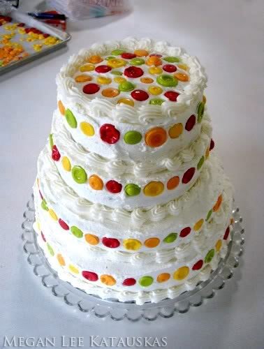 Almond cake recipe with raspberry filling and candy buttons