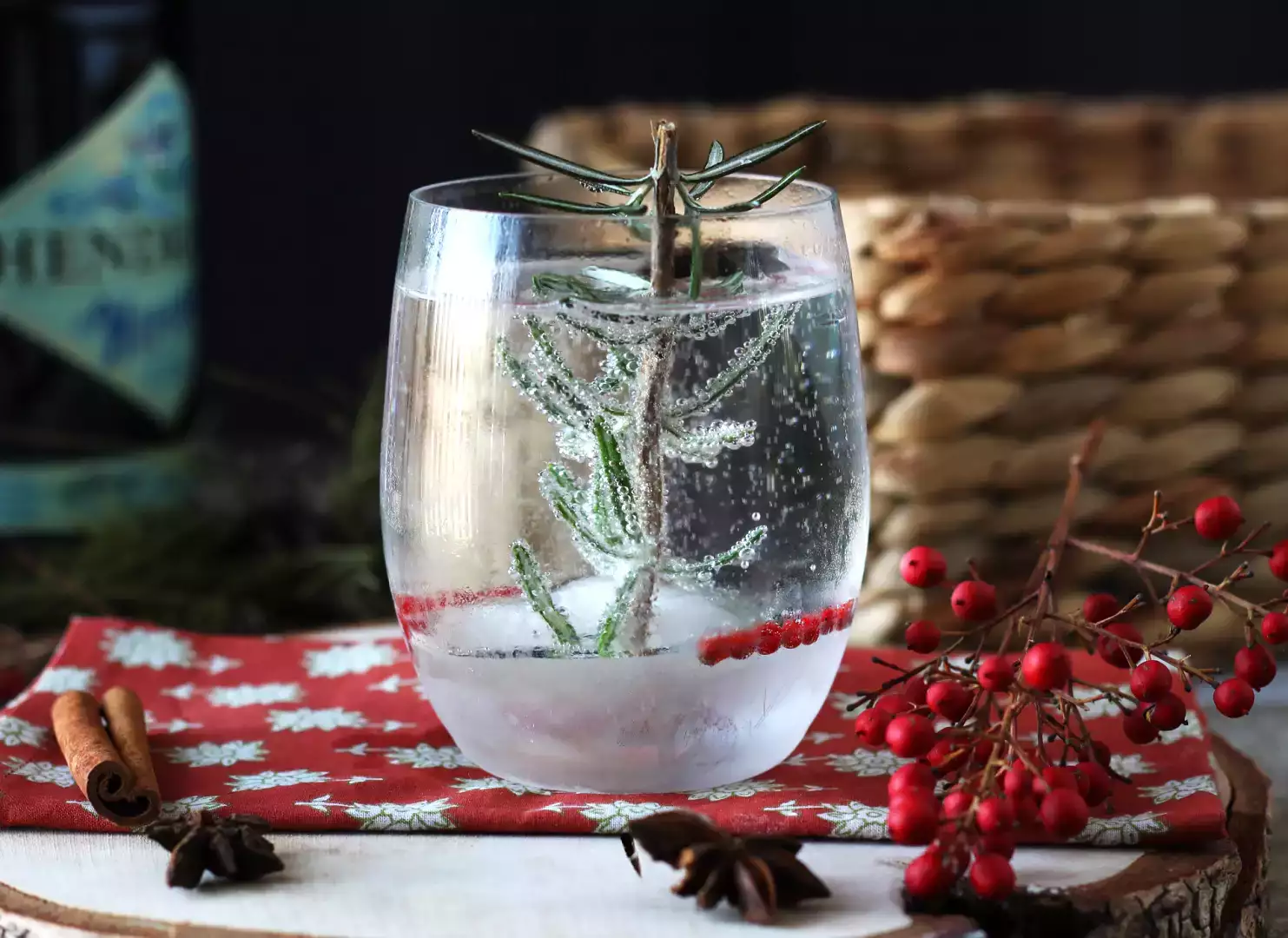 Christmas cocktail with a snow-covered fir tree inside