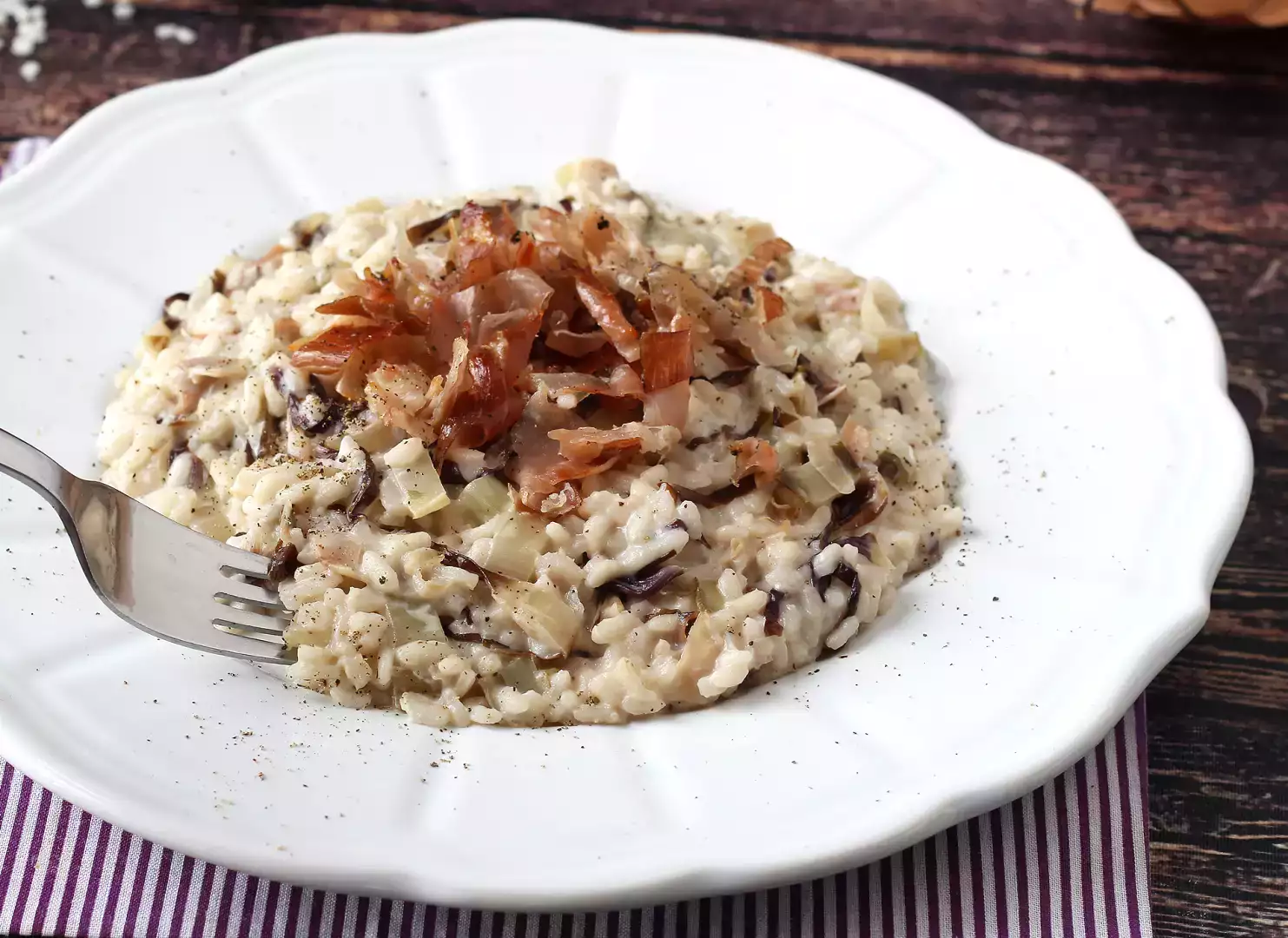 Creamy and flavorful radicchio, speck and cream cheese risotto