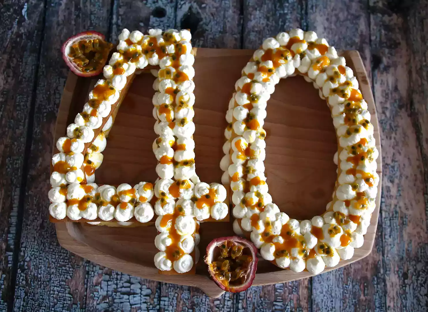 Exotic number cake recipe with mango and passion fruit
