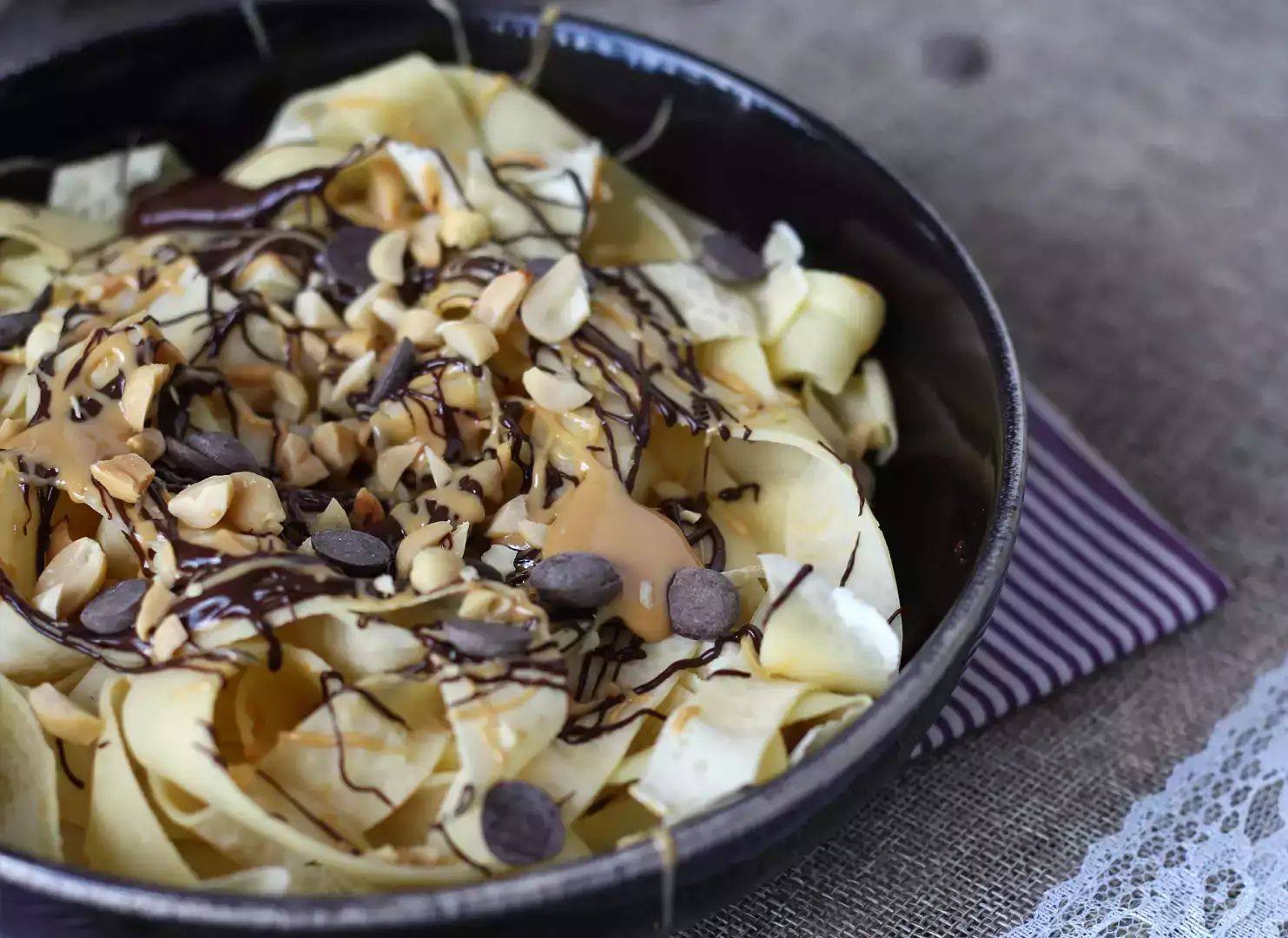 French crêpes tagliatelle with chocolate and peanuts!