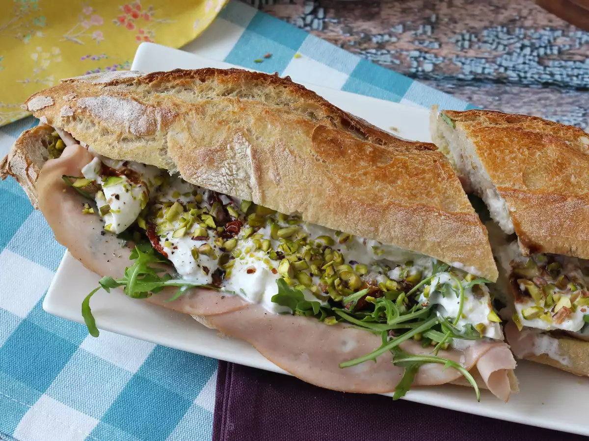 Gourmet italian mortadella and burrata sandwich