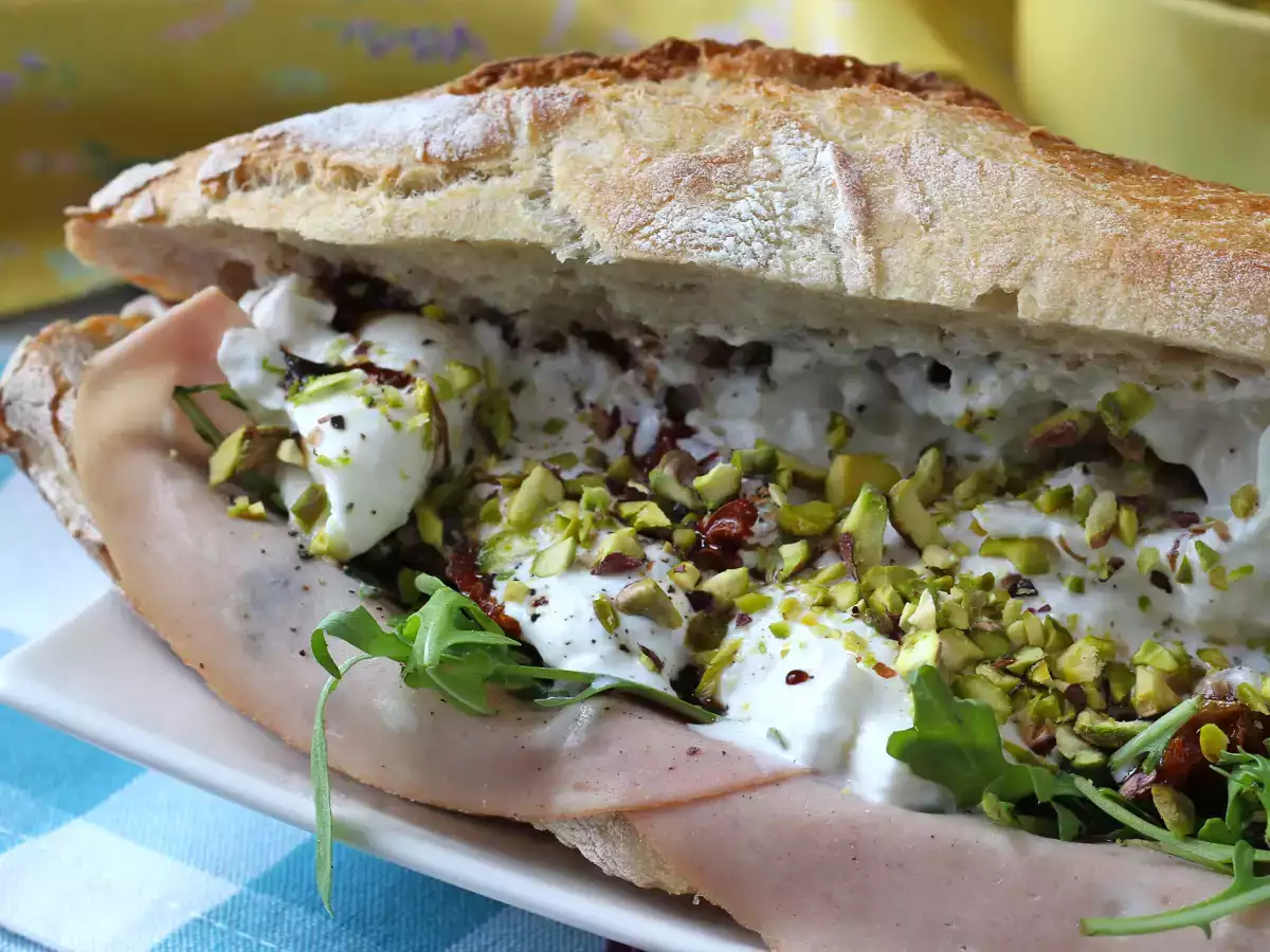 Gourmet italian mortadella and burrata sandwich