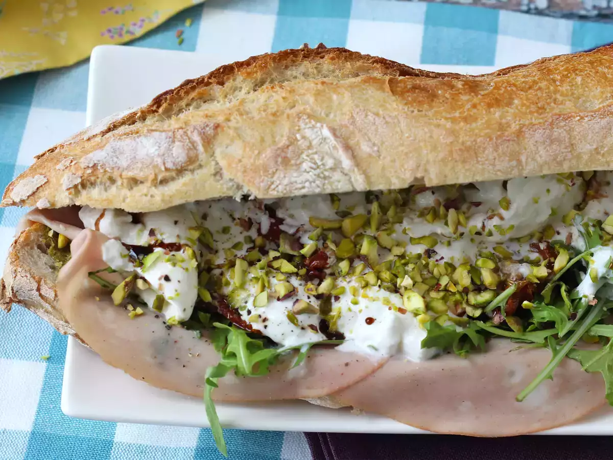 Gourmet italian mortadella and burrata sandwich