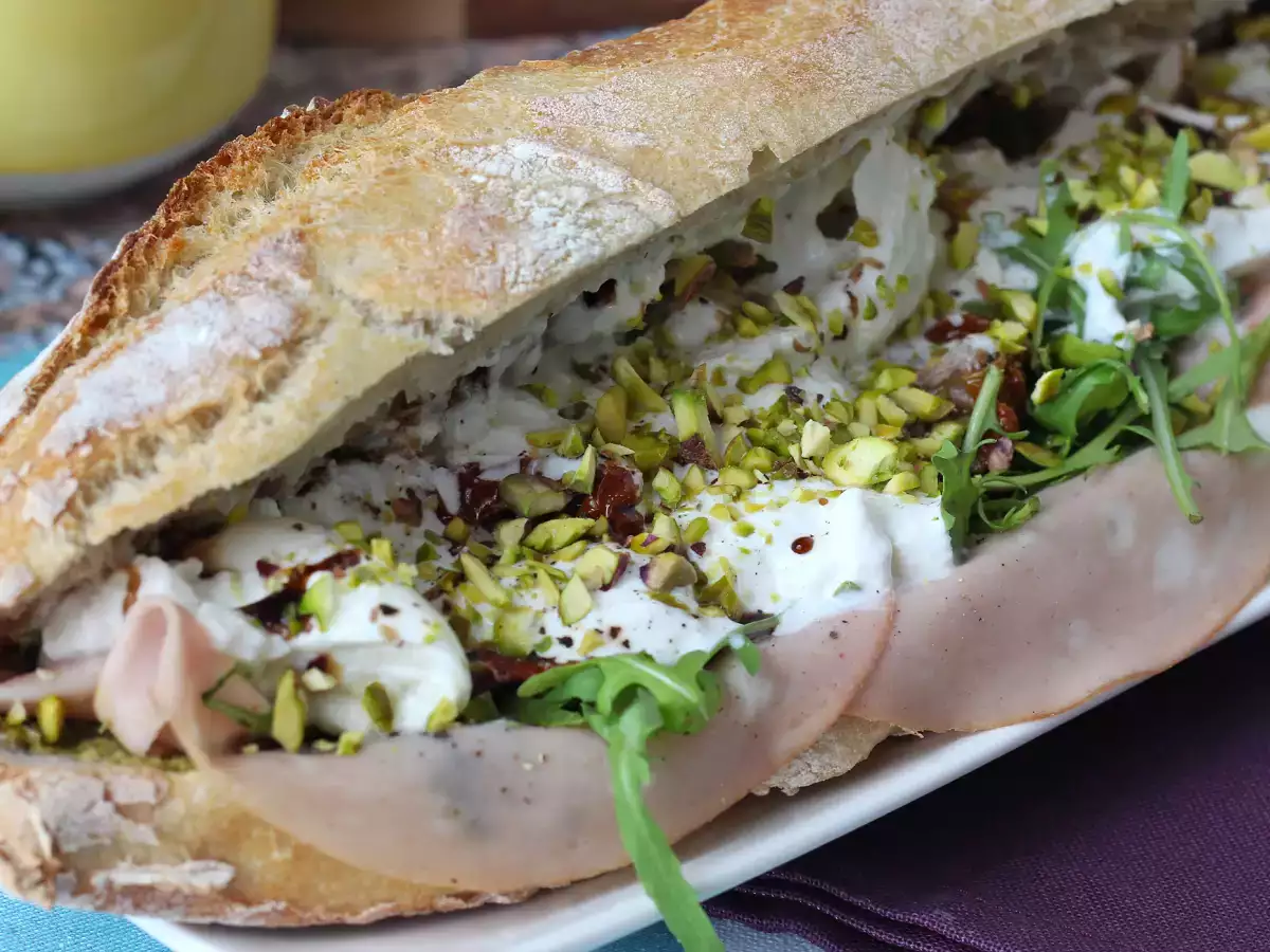 Gourmet italian mortadella and burrata sandwich