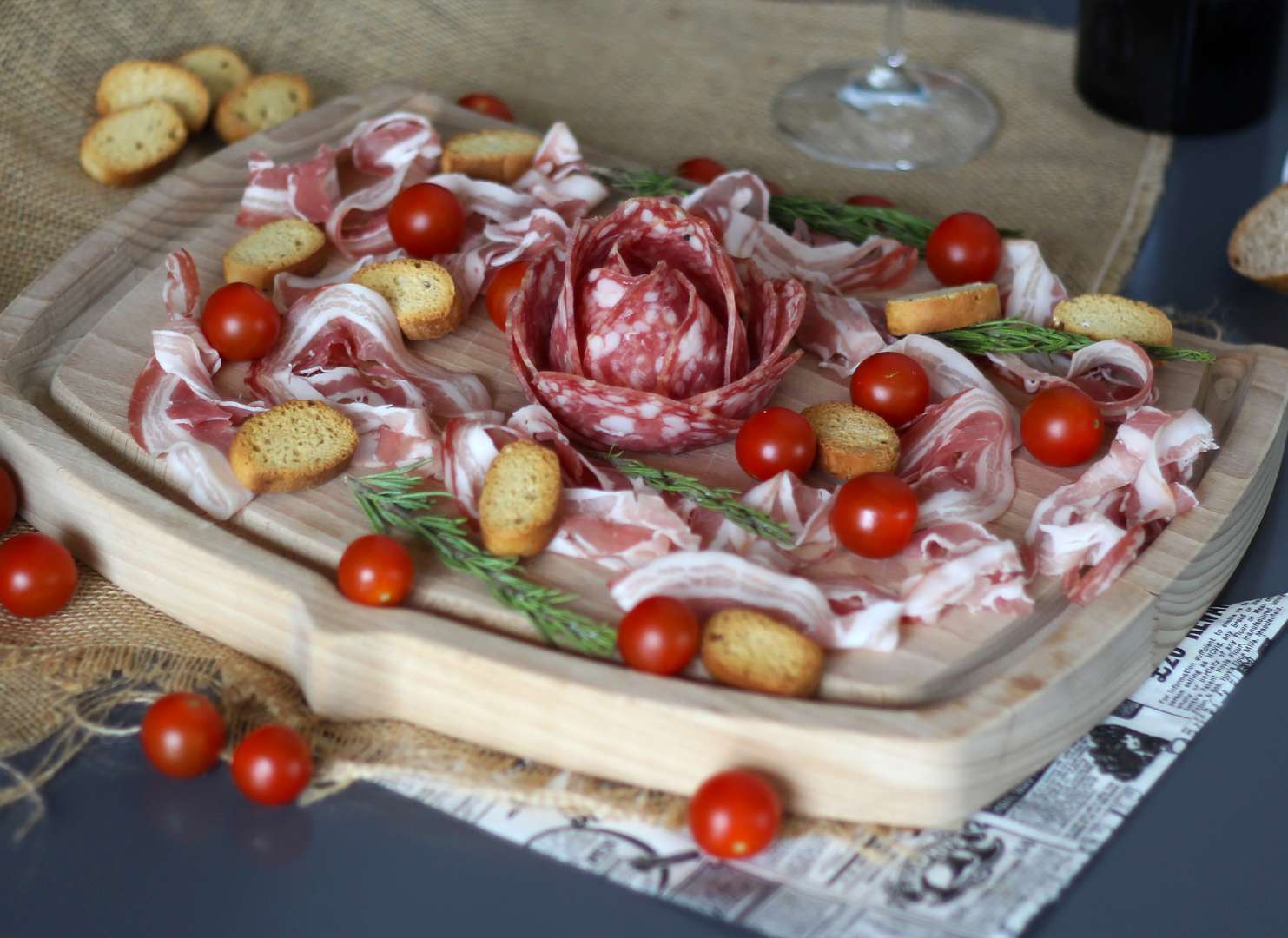 Charcuterie board recipe: rose folding with salami