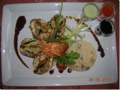 Tamago stuffed chicken teriyaki with yasai itame and matsutake rice ...
