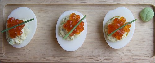 Wasabi deviled eggs recipe with salmon roe