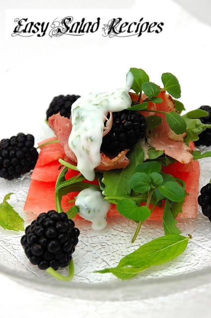 Watermelon carpaccio recipe with pastrami and black berries
